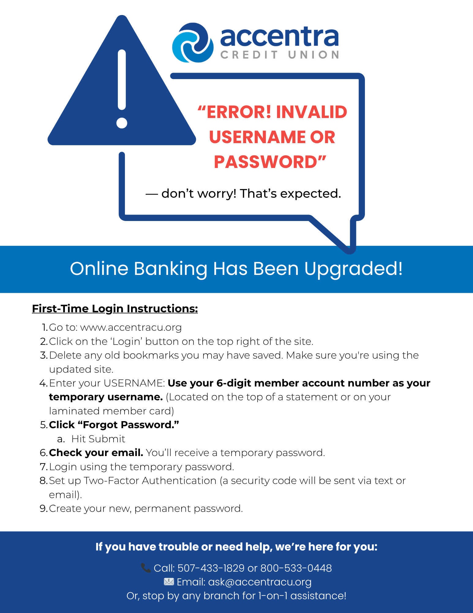 Incorrect Login | Accentra CU | Austin, Albert Lea, Kasson - MN